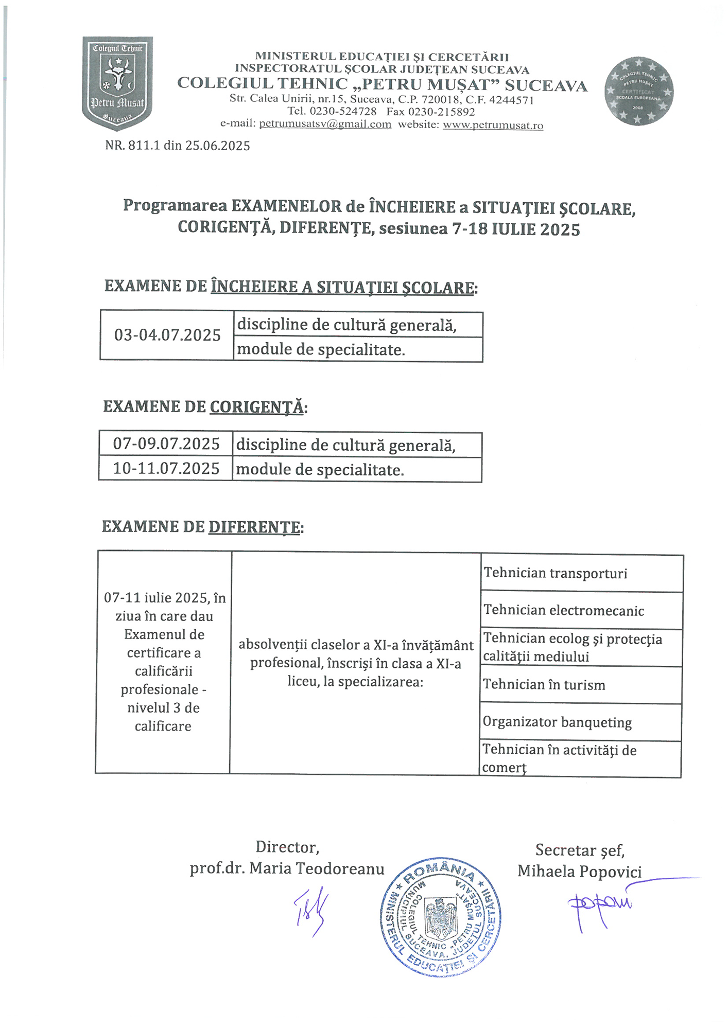 Programarea examenelor de încheiere a situației școlare, corigență și ...